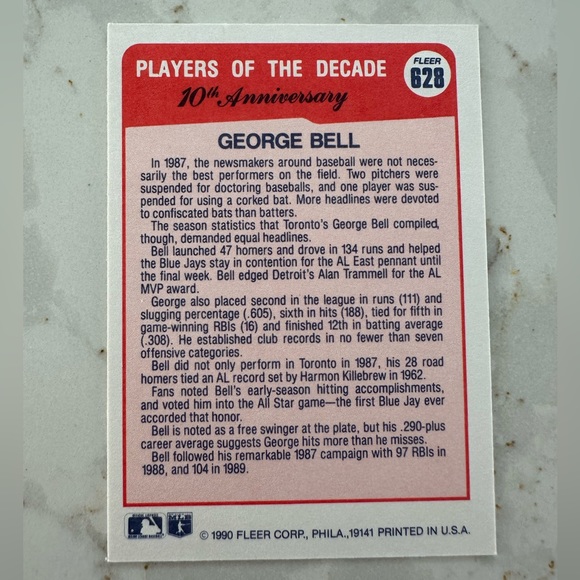 fleer | Other | Fleer 9 George Bell Player Of The Decade 0th ...